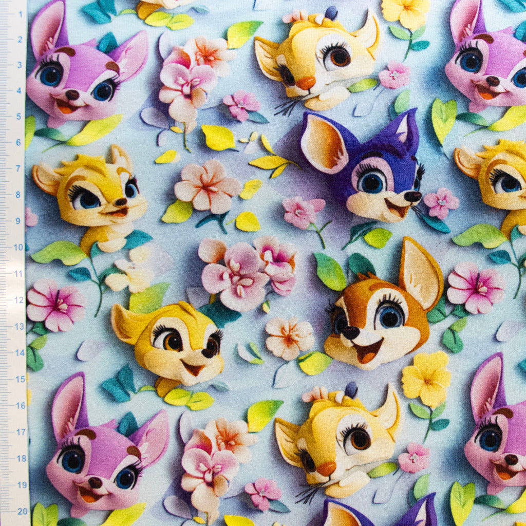 Jersey 3D Digitaldruck - süße Rehe - hellblau